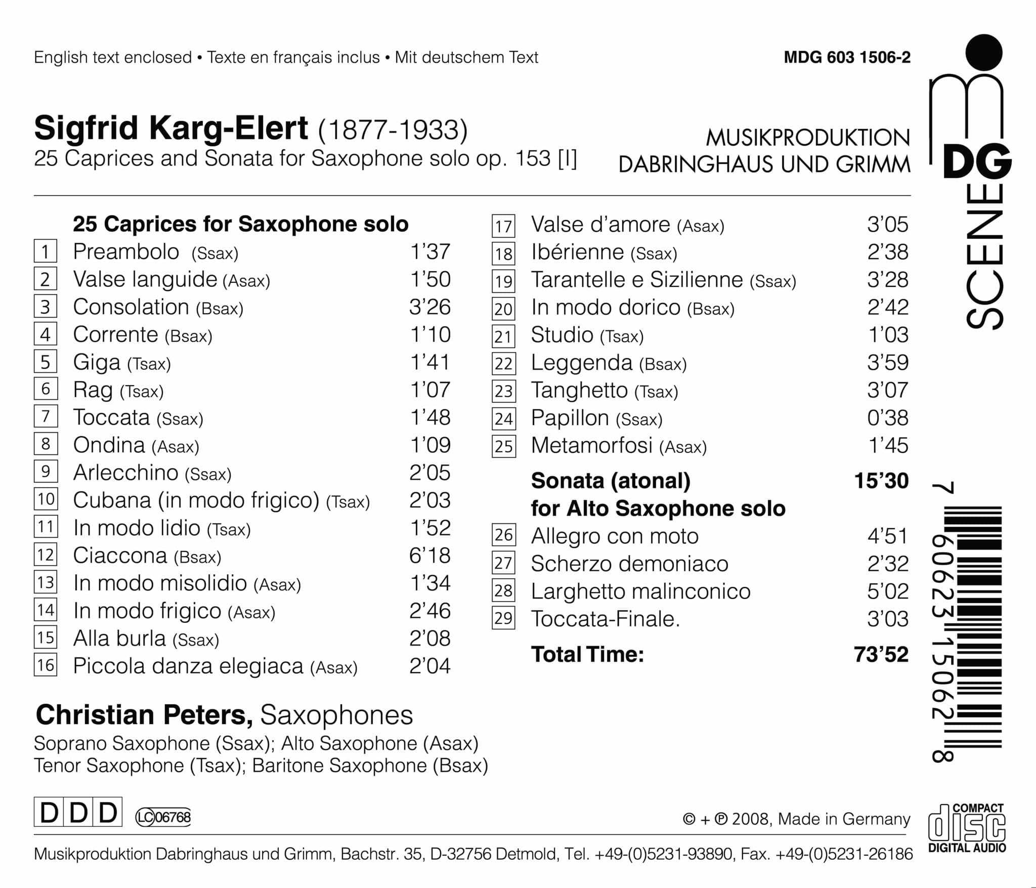 MDG - Musikproduktion Dabringhaus und Grimm. S. Karg-Elert - Saxophon Solo